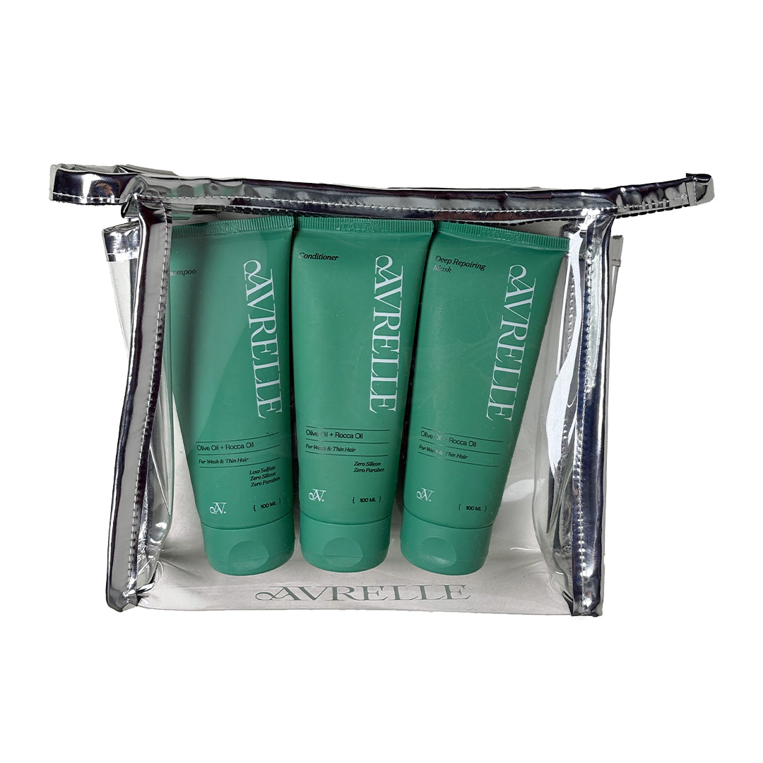 Travel Size Olive Oil + Rocca Oil Set Pouch |Buy Now | AVRELLE